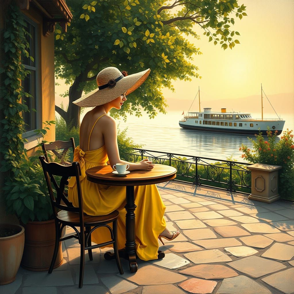 Elegant Woman Sips Tea on Terrazzo Patio with Maje... - AI Art