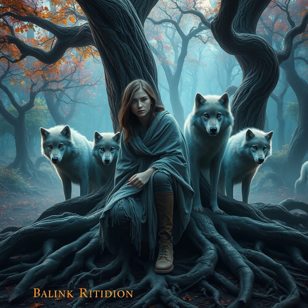 Mourning Woman Surrounded by Wolves in a Twisted F... - AI Art