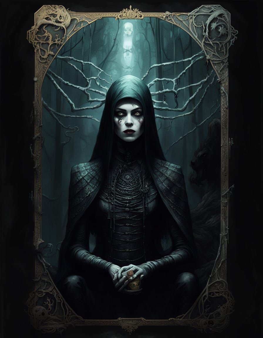 Goth Model Confronts Antique Tarot Card in Abandon... - AI Art