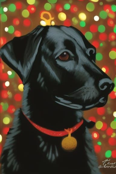 Black lab Christmas Card. Bokeh lights, snow very detailed rendering ...