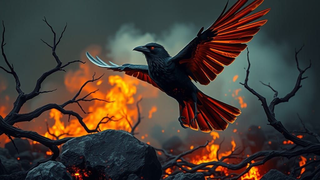 Cyberpunk Crow in Lava-Infused Apocalypse - AI Art