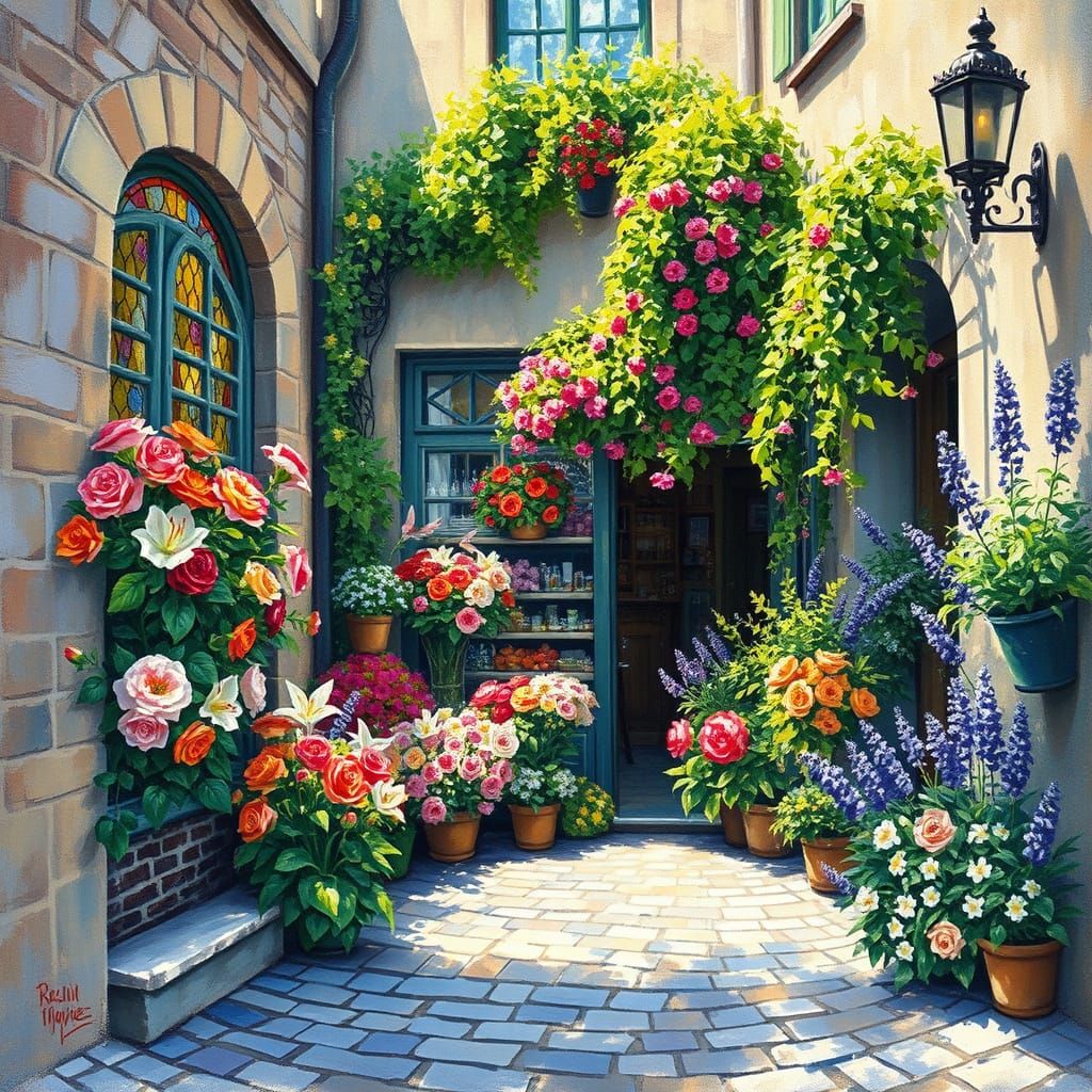 a quaint flower shop - Charming Flower Shop in Impressionis...