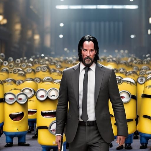 photorealistic photo of john wick with The Minions from Despicable Me ...