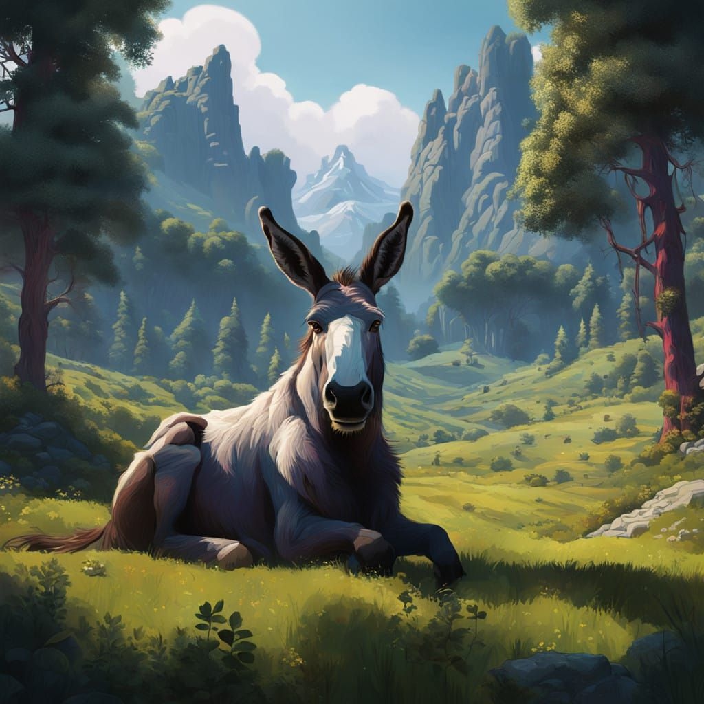 A big fat donkey, sitting - Surreal Donkey Serenity in Vibra...