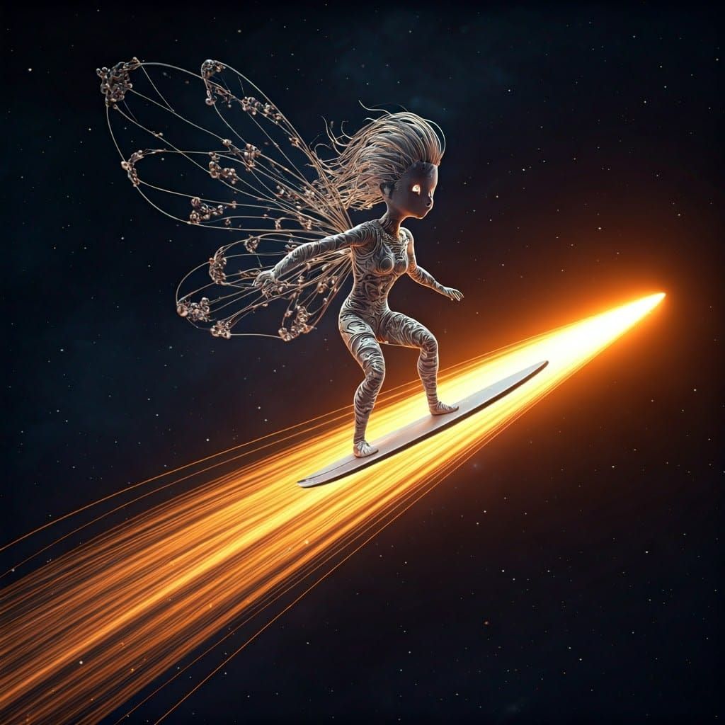 Worm's eye view of a kawaii Cyberpunk fairy surfer made from intricate ...