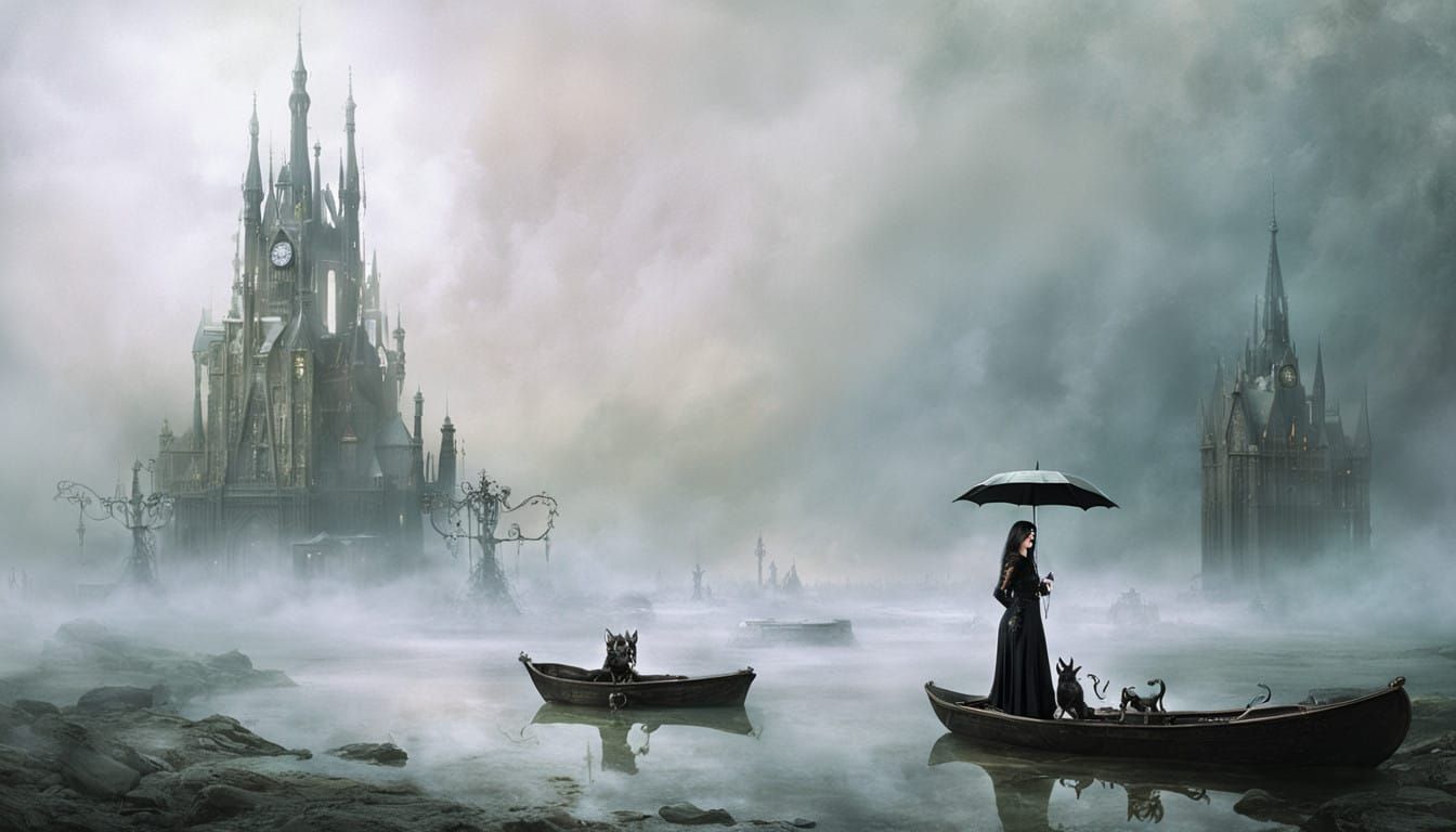 Gothic Steampunk Siren Amid Time Machines in Foggy... - AI Art