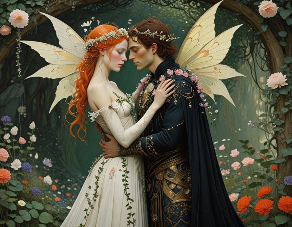 Romantic Fae Embrace in Whimsical Floral Bower - AI Art