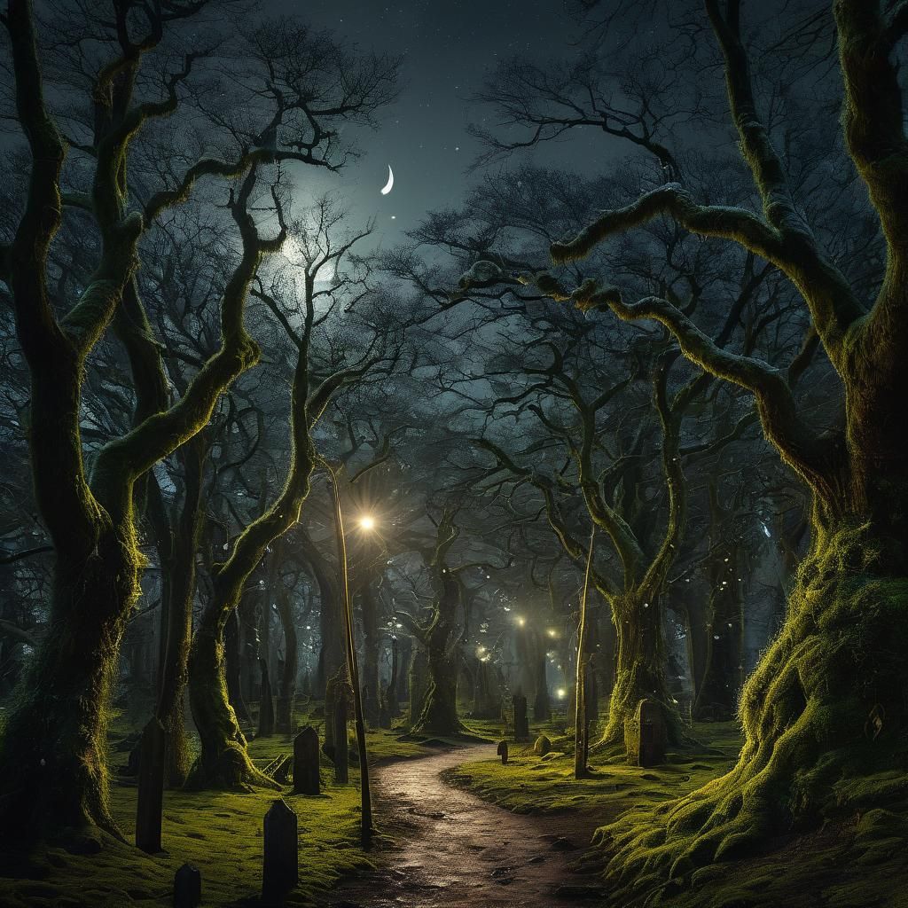 Park at night - Moonlit Park at Night, Radiant Crystal Senti...