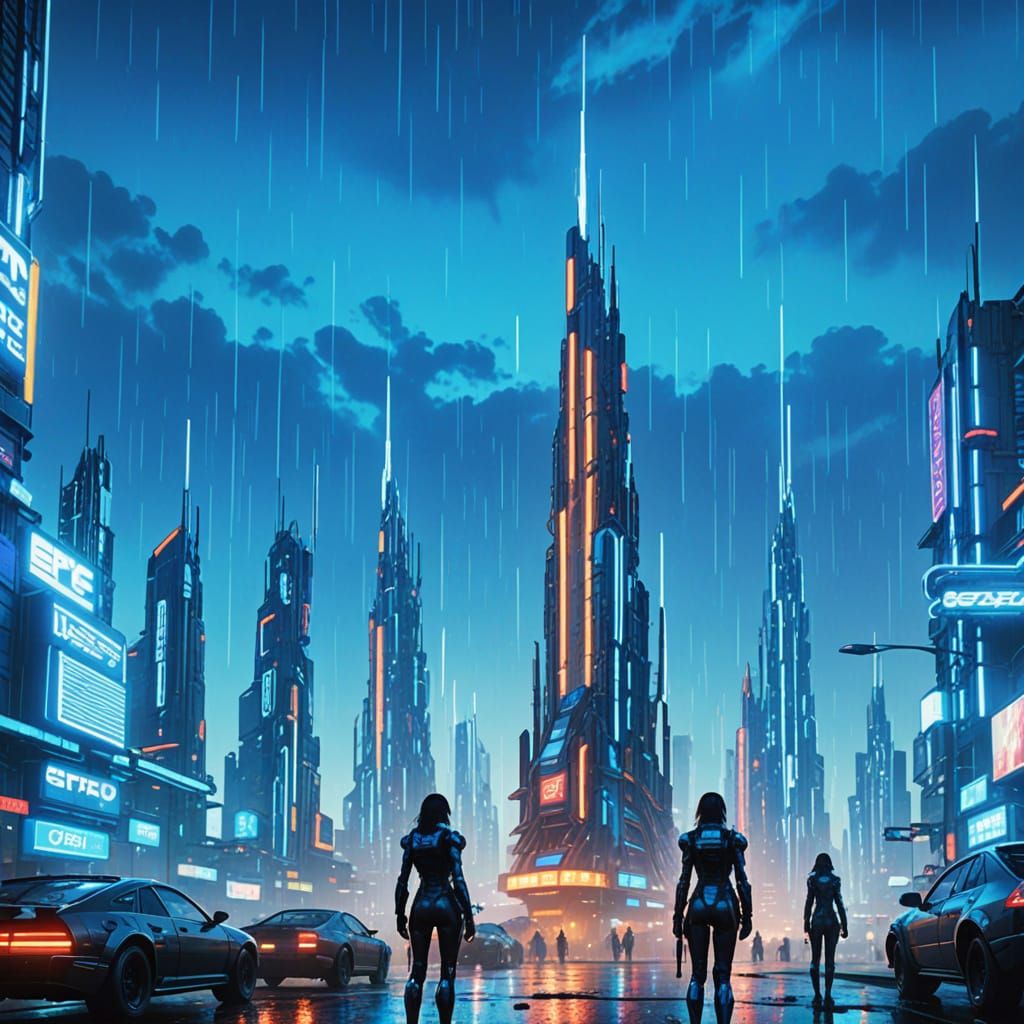 Cyberpunk Cityscape with Fembot Guardians - AI Art
