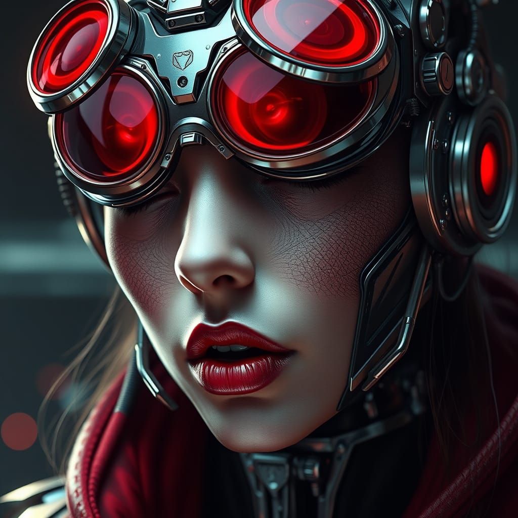Cyborg Goddess in Crimson Goggles - AI Art