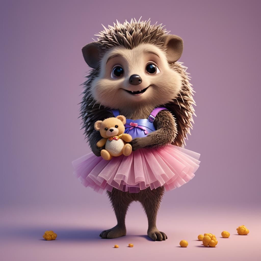 "cute CGI cartoon hedgehog dressed in a tutu holding teddy bear, 8K ...