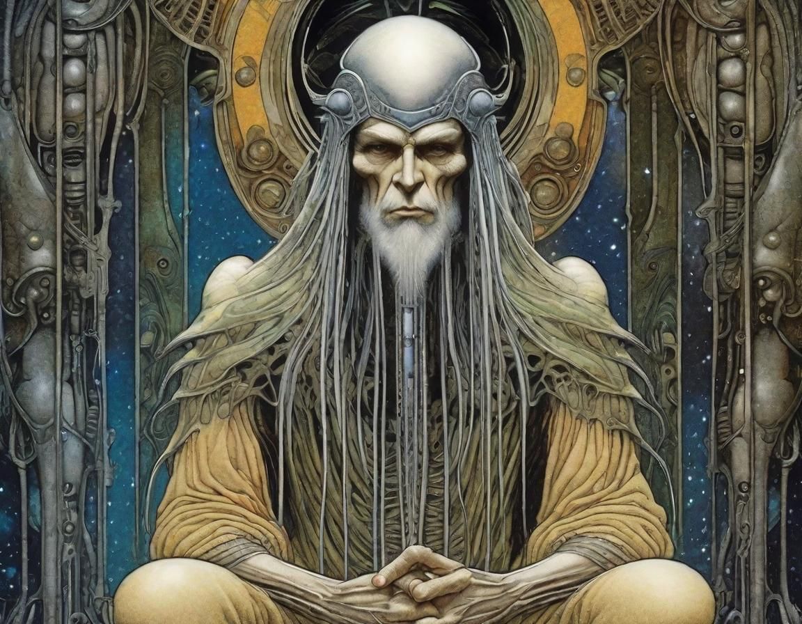 Close up of Merlin in deep meditation, arms behind back. John Albert ...