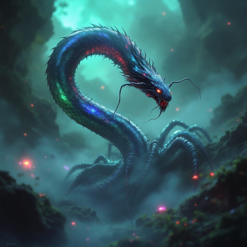 Mystical Centipede Serpent with Spider Eyes in Eer... - AI Art