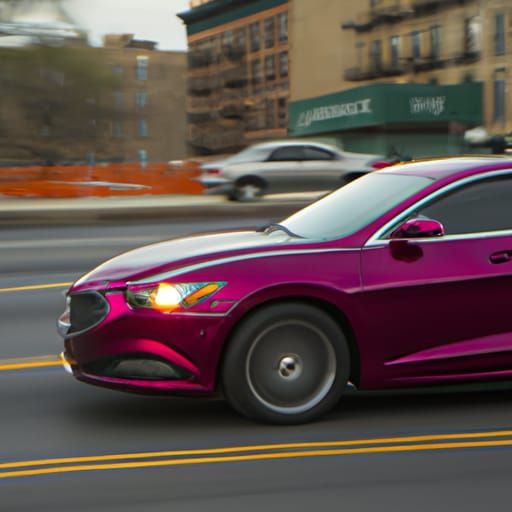 2016 Chrysler 200, neon cherry red body, neon purple trim, driving down ...