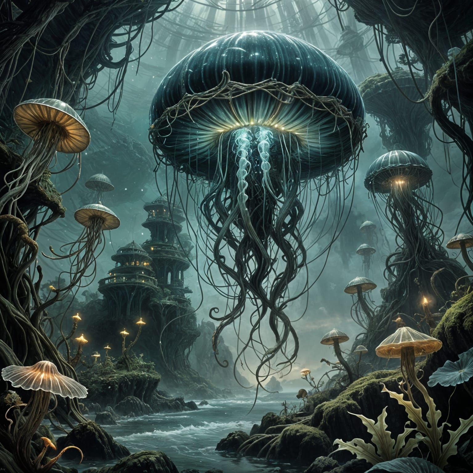 A bioluminescent jellyfish, its bell pulsating with soft light, drifts ...