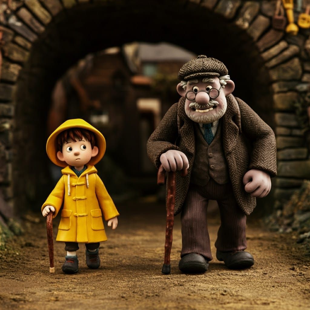 A complete claymation creation where a small boy accompanying his grandpa