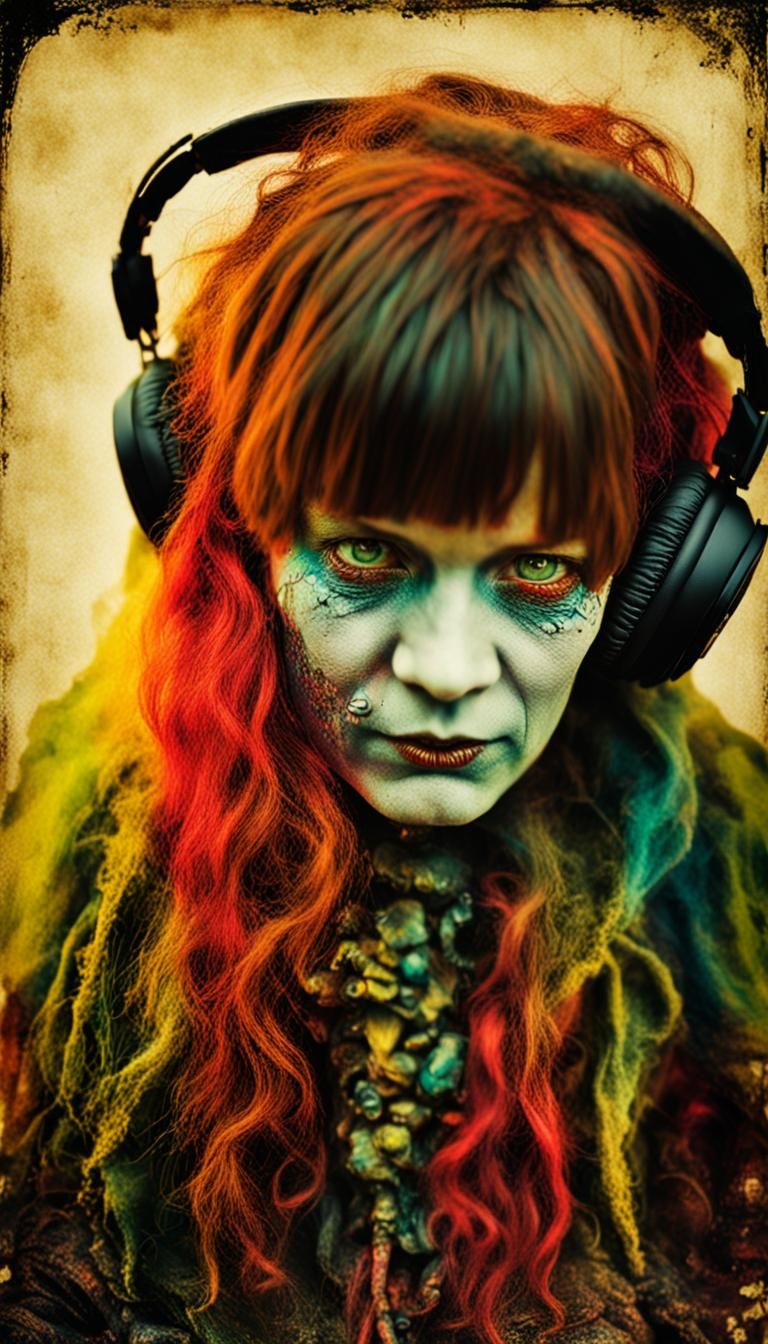 Finnish witch Satu listening horror audiobook via headphones, wet plate ...