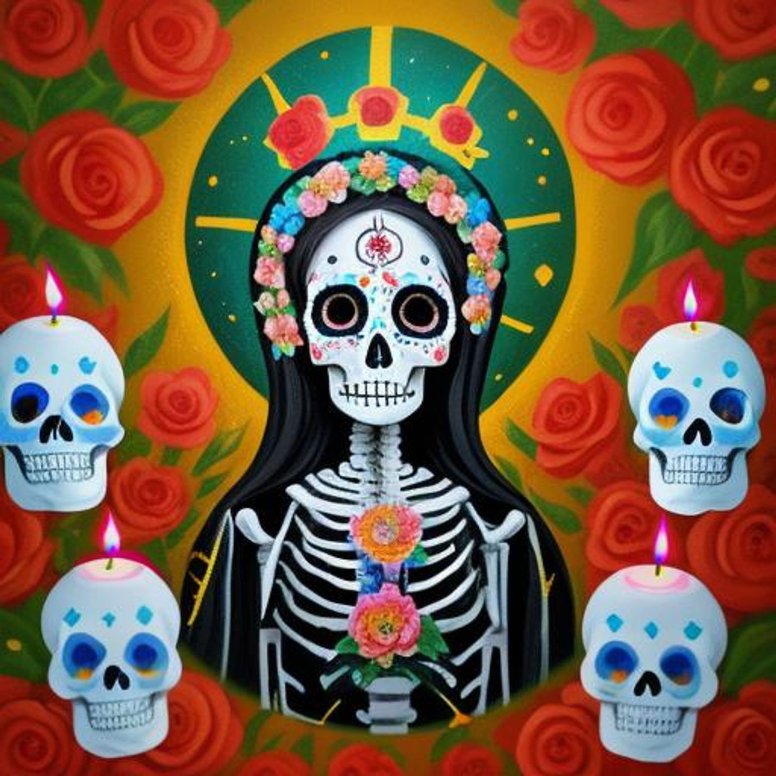 skeleton virgen de guadalupe with candles and flowers - AI Generated ...