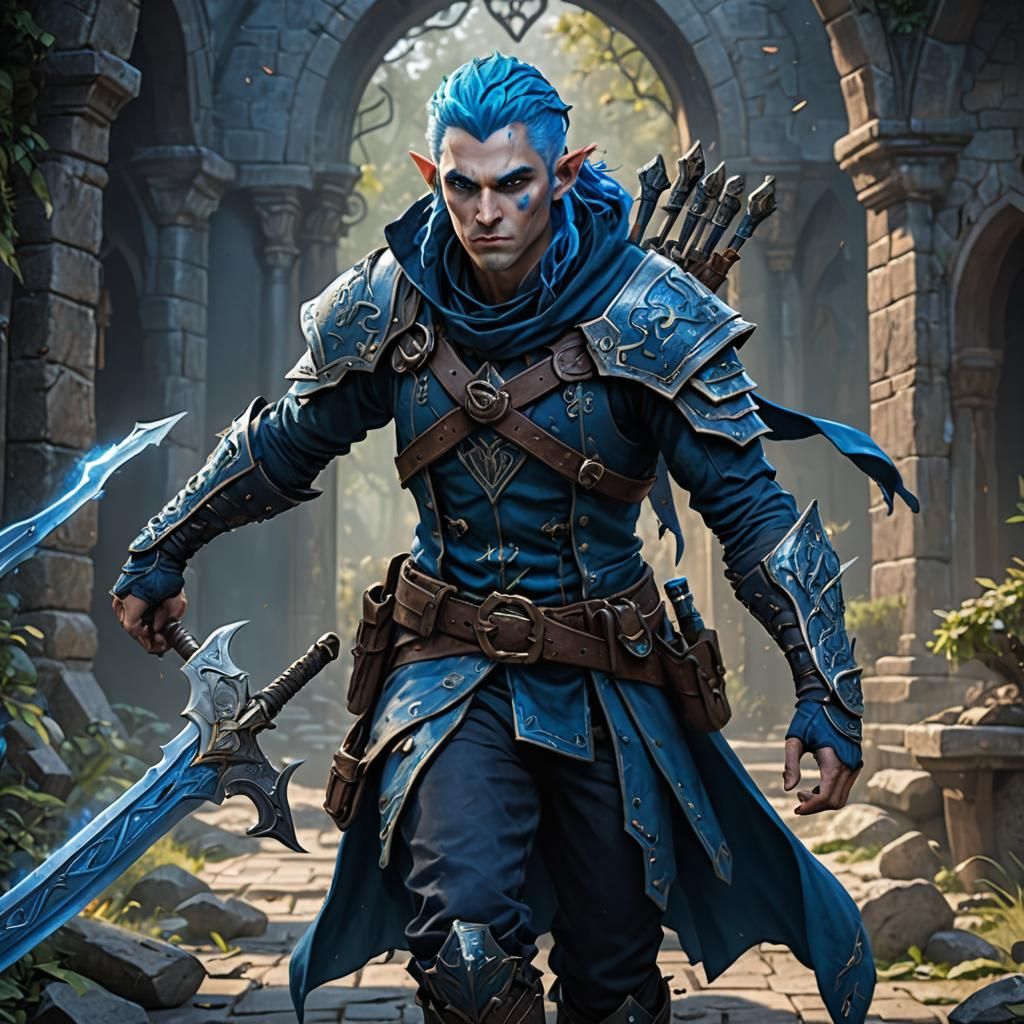 male half elf rogue wearing all blue with blue hair, with weapons - AI ...
