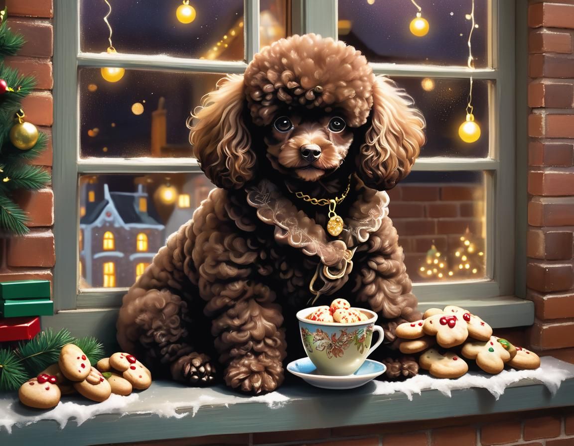 Christmas, window sill poodle - Whimsical Christmas Scene wi...