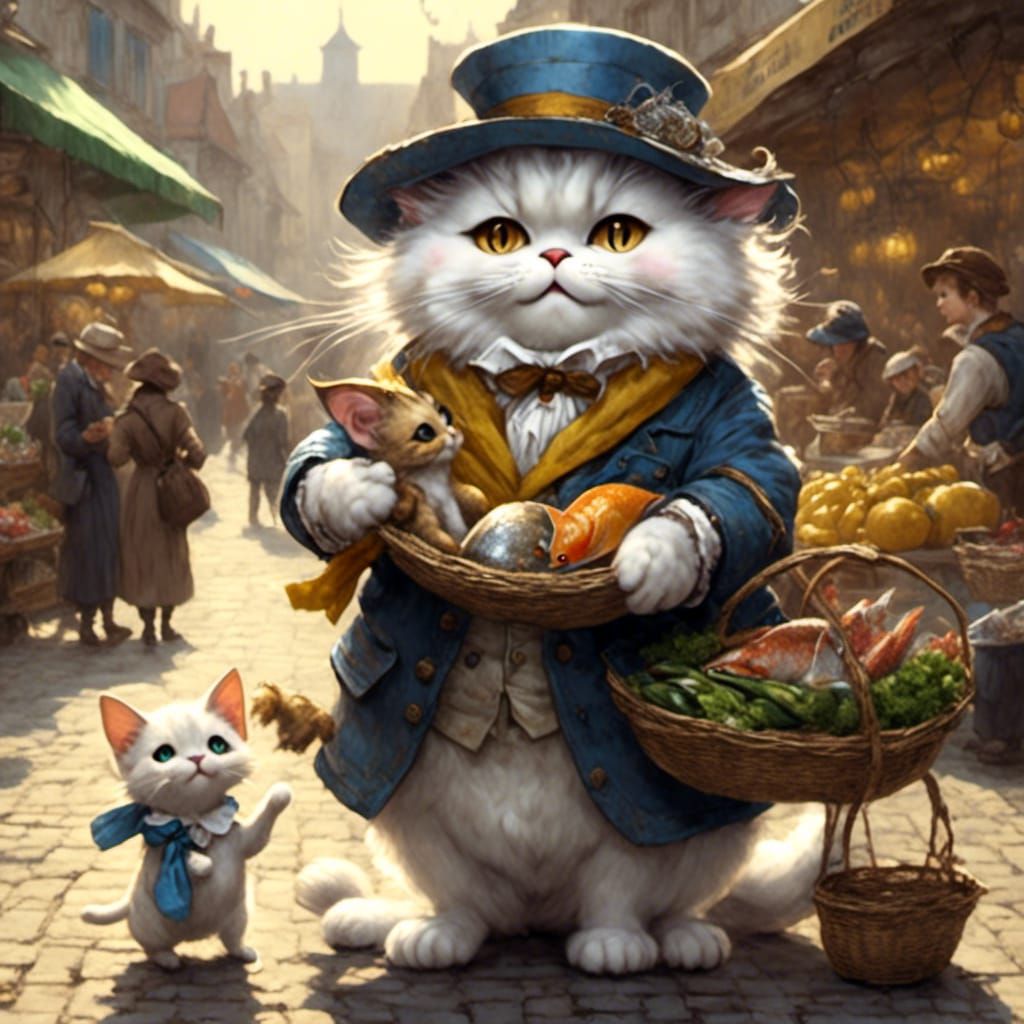 Cat Fishmonger Accepting Payment at Market - AI Art