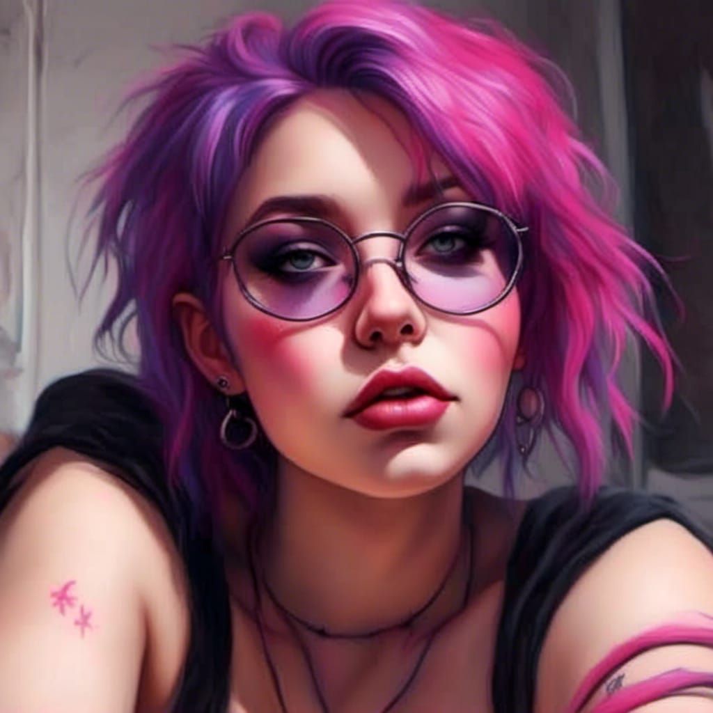 chunky emo chick magenta and purple hair lip ring glasses semi dressed ...
