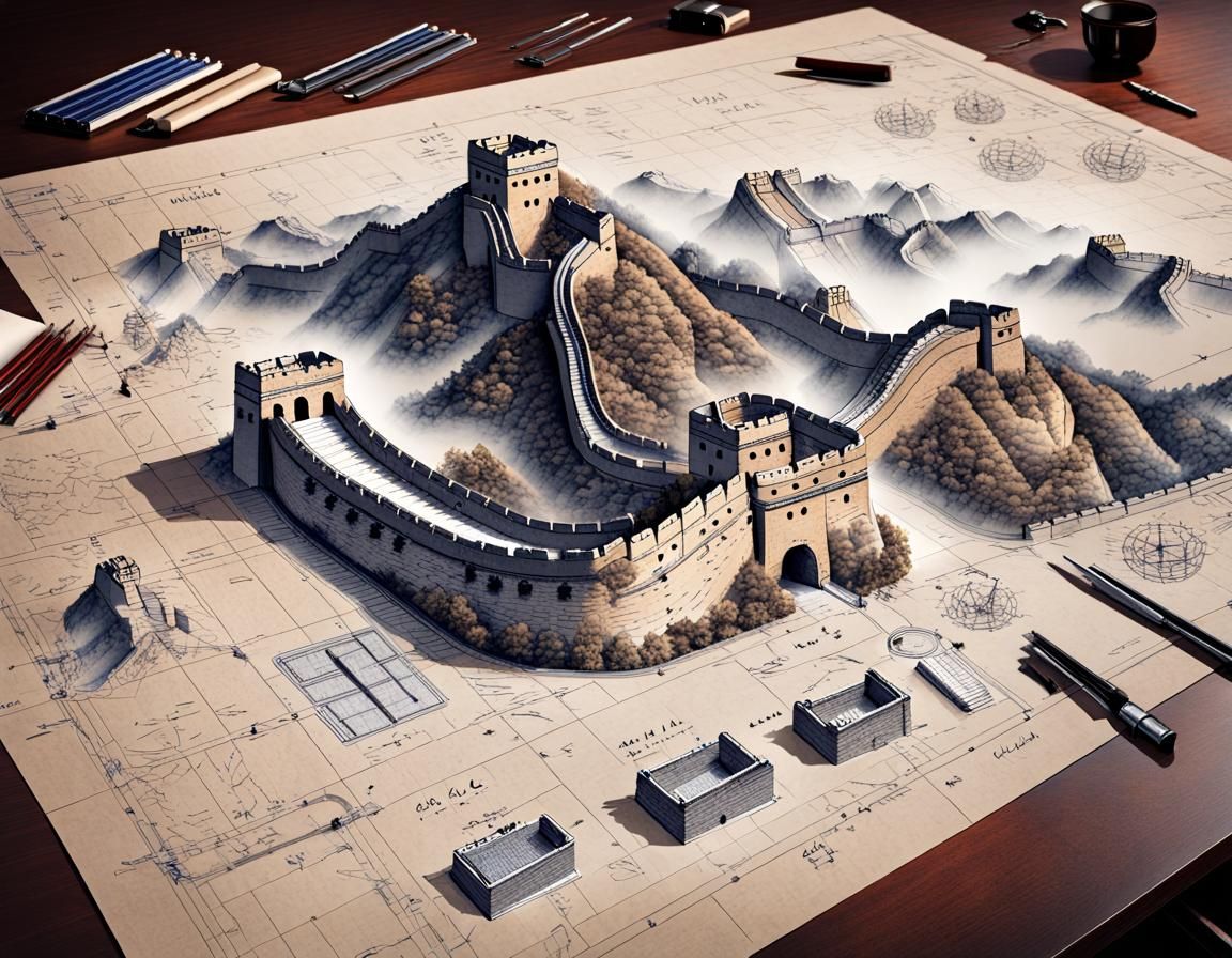 Annotated detailed blueprint of The Great Wall of China, drawn on an a4 ...