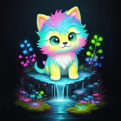 adorable cute chibi baby furry Puppy with a bioluminescent Waterfall in ...