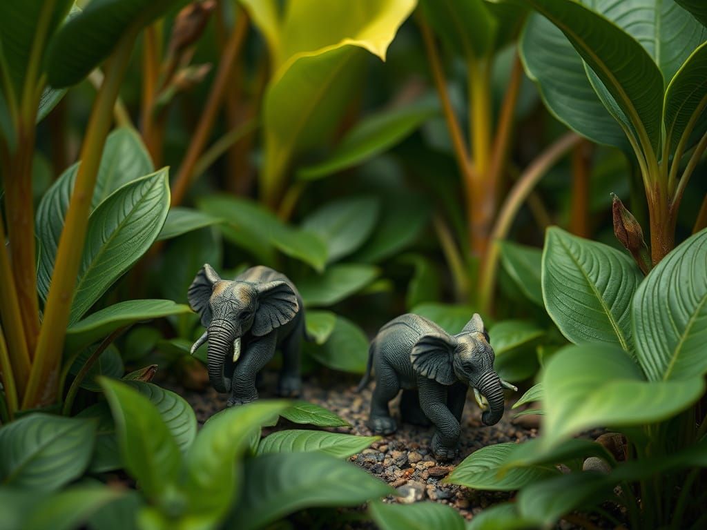 3D digital art. Tiny miniature elephants. a huge jungle of oversized ...