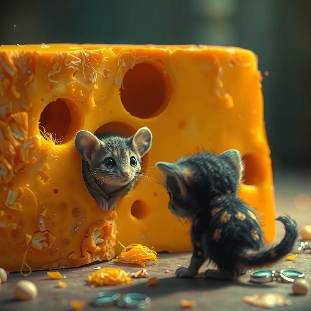 A cute little mouse inside a huge bitten piece of cheese is pretending ...