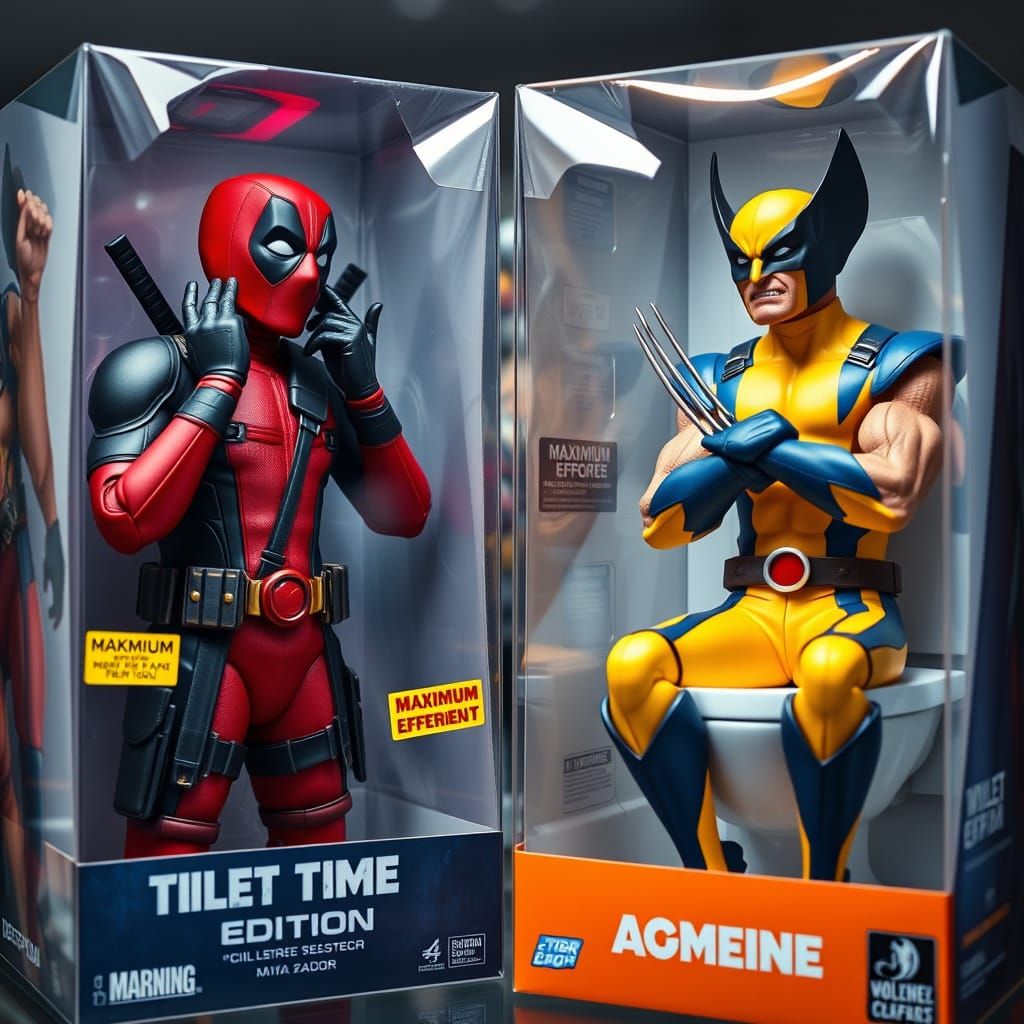 Two realistic human characters styled as in Deadpool 3, inside large ...