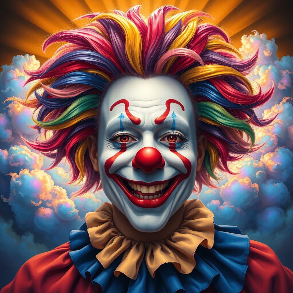 One gorgeous happy clown with curly hair, an explosion of colors bright ...