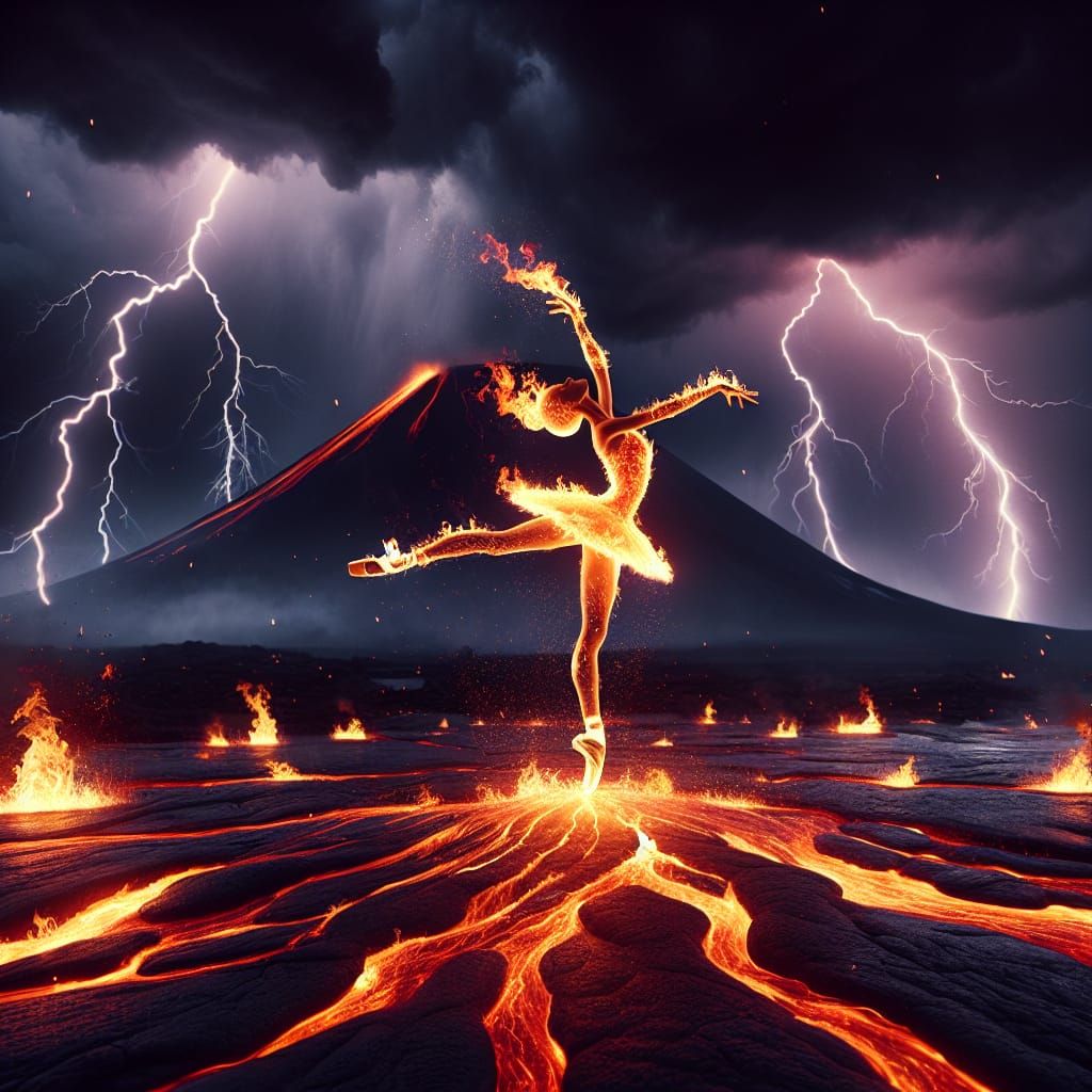 Fiery Ballerina Dances on Lava During Lightning St... - AI Art
