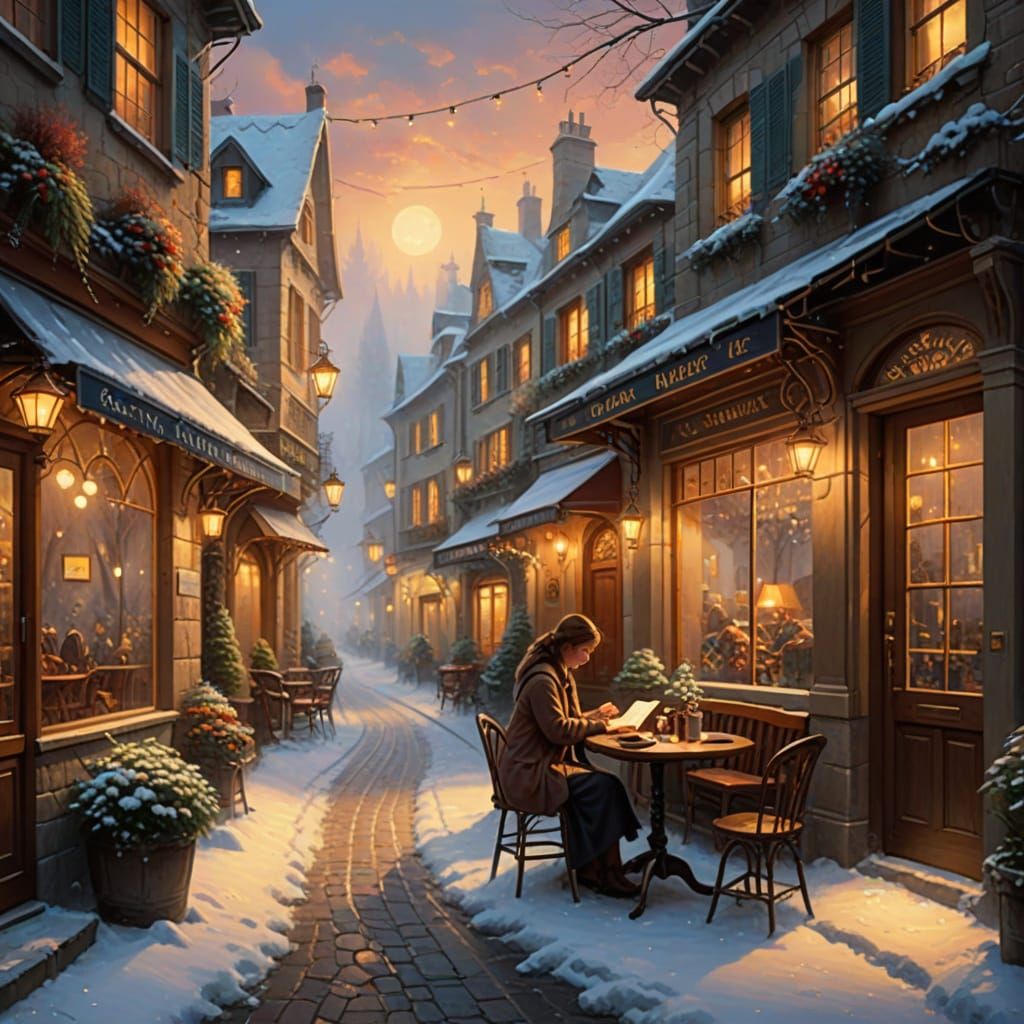 Woman Sits in Cozy French Cafe at Golden Hour - AI Art