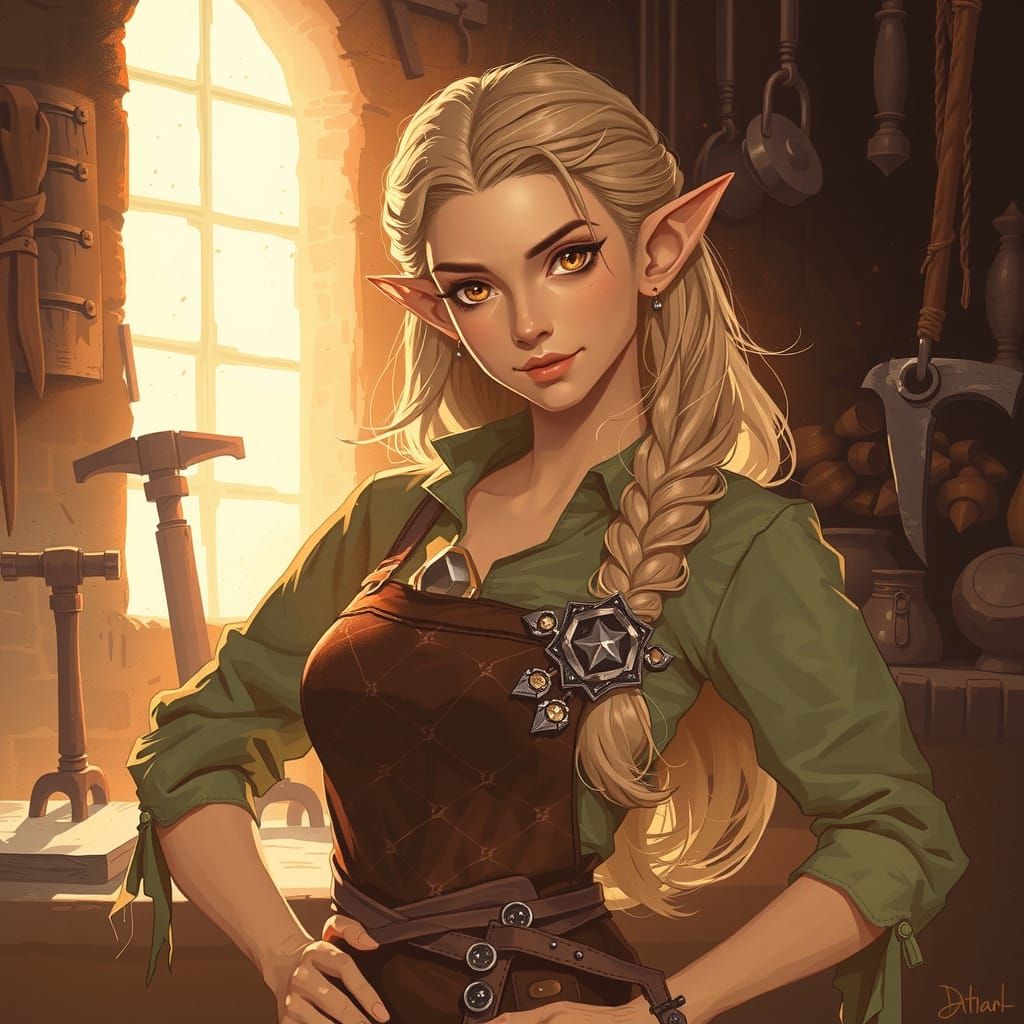 Ethereal Elf Blacksmith in a Warm, Golden Forge Sc... - AI Art