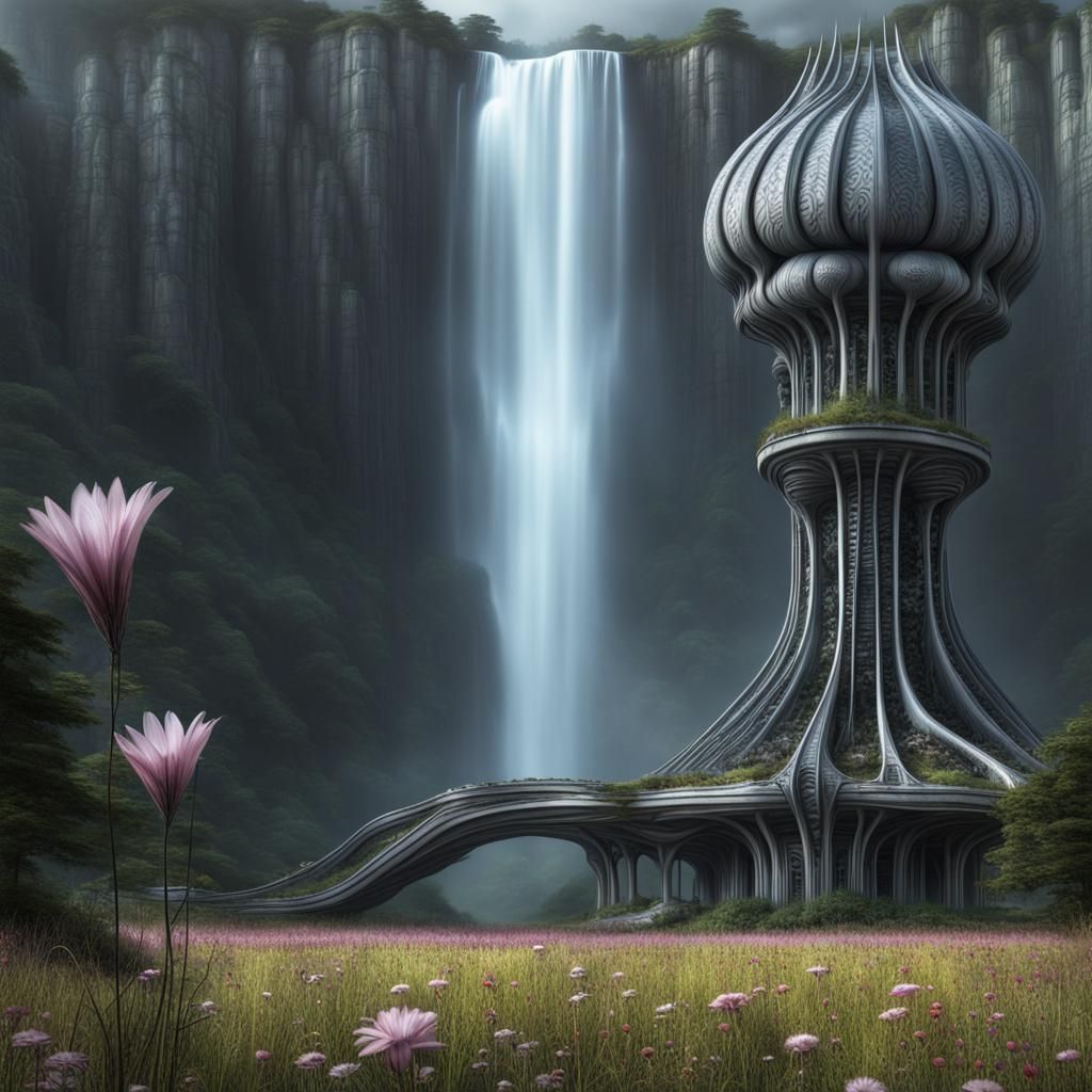 Grotesque Monument: The Enigmatic Alien Tower Embraced by Nature's ...