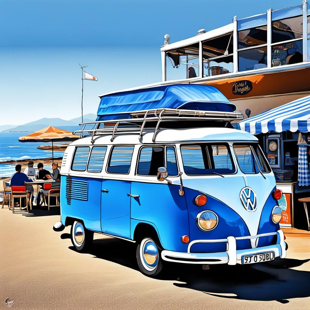 digital image of an old Volkswagen Kombi, in blue and white, parked ...