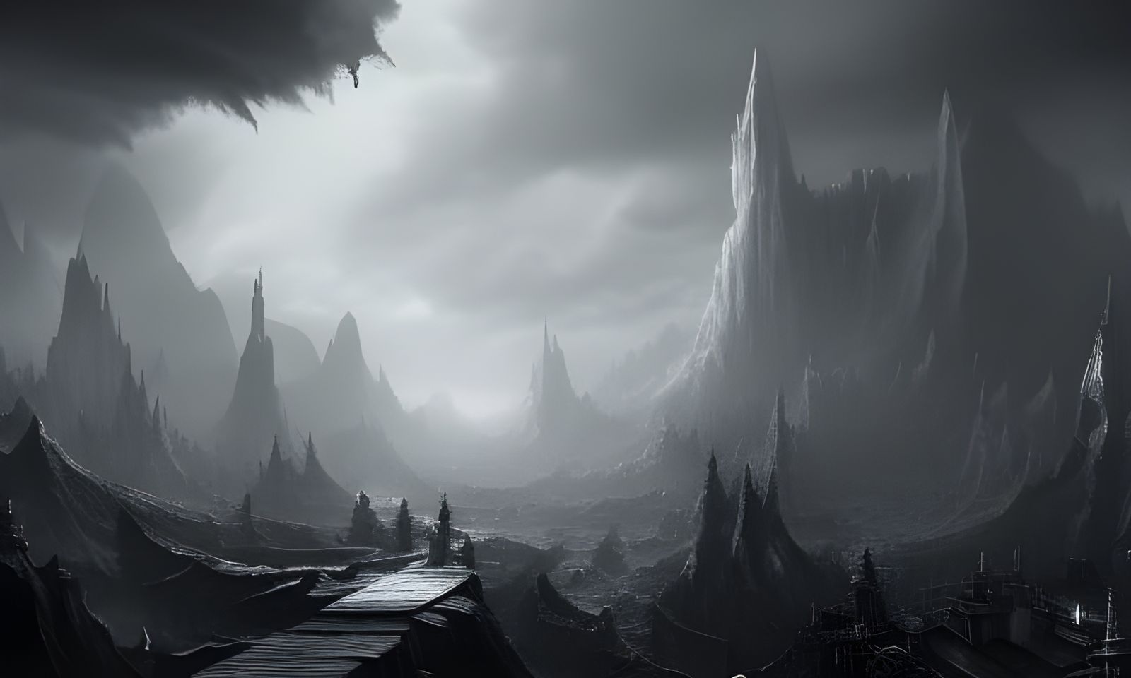 city in the void, born in abyss inspired, clouds of black and white ...