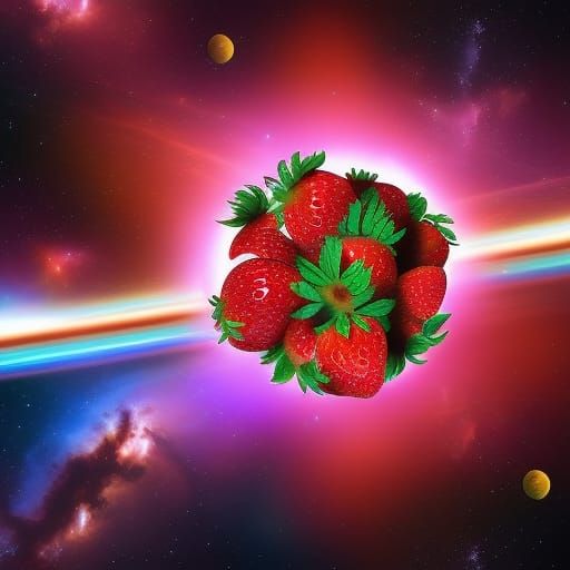multiple strawberries with faces flying through space towards earth ...