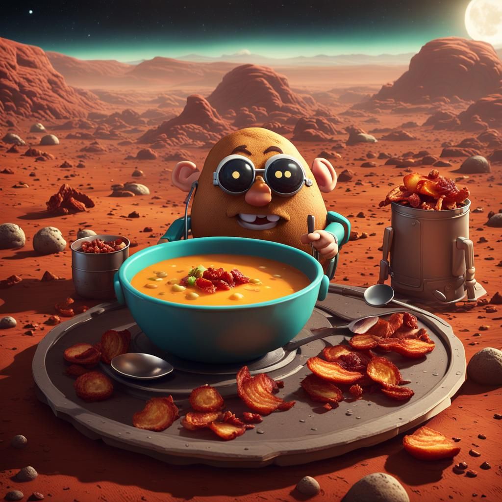 Mr Potato on mars, eating potato and crispy bacon soup with shots of ...