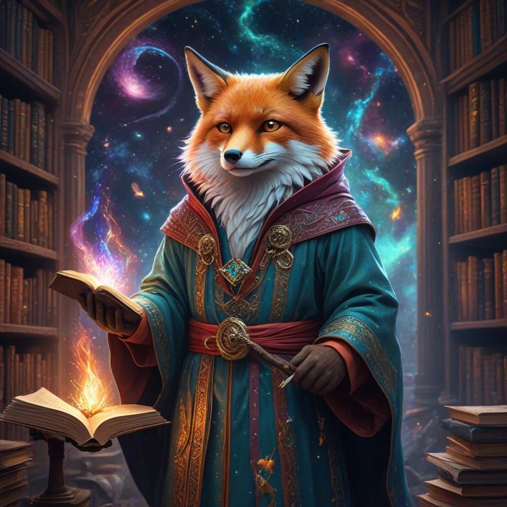 picture a fiery fox wizard with tiny, iridescent wings, standing in a ...