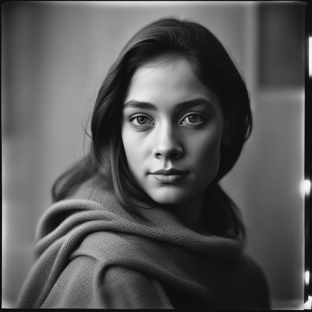 A photorealistic 35mm black and white image of an attractive and ...