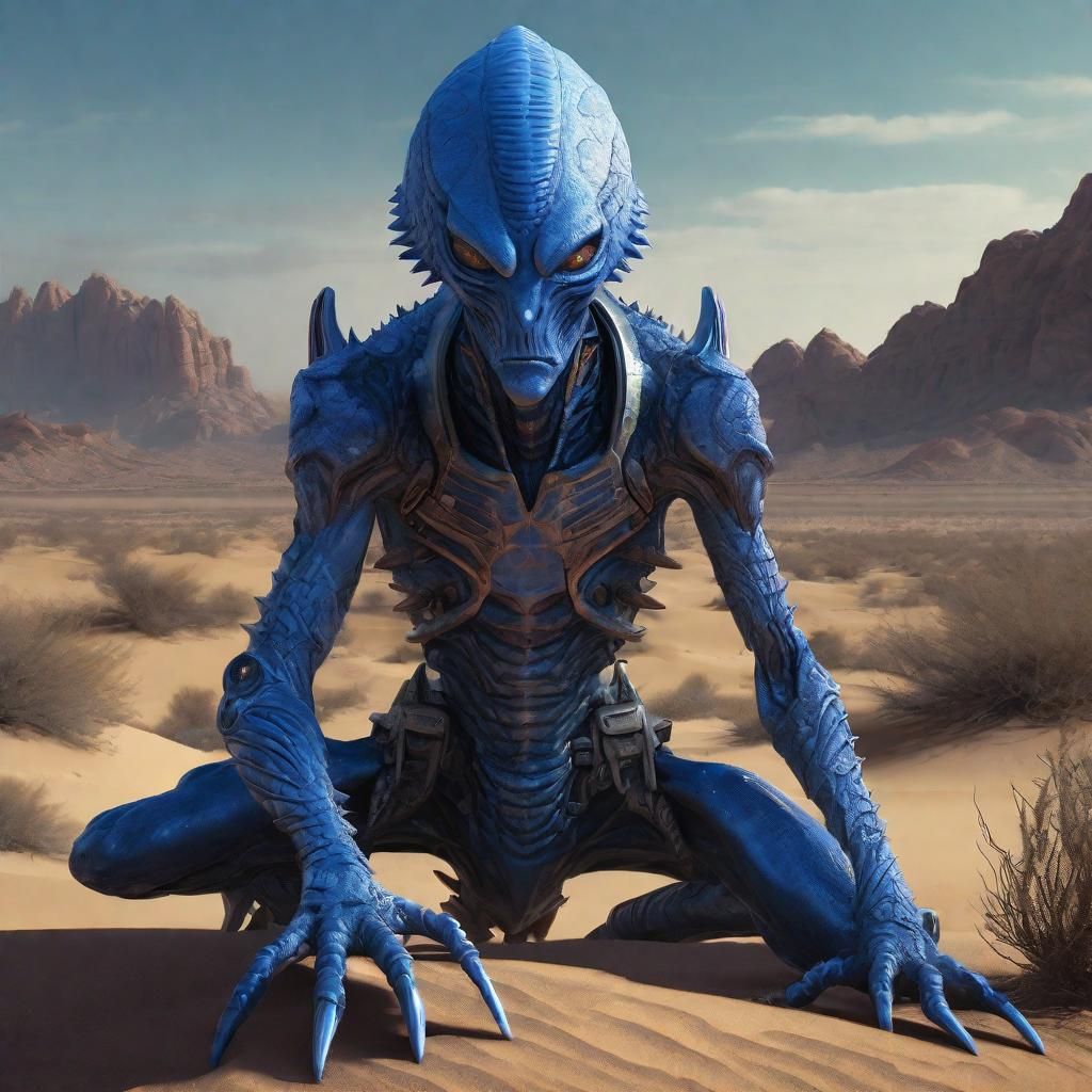 A blue skin alien soldier, with spindly arms and four legs, a reptilian ...