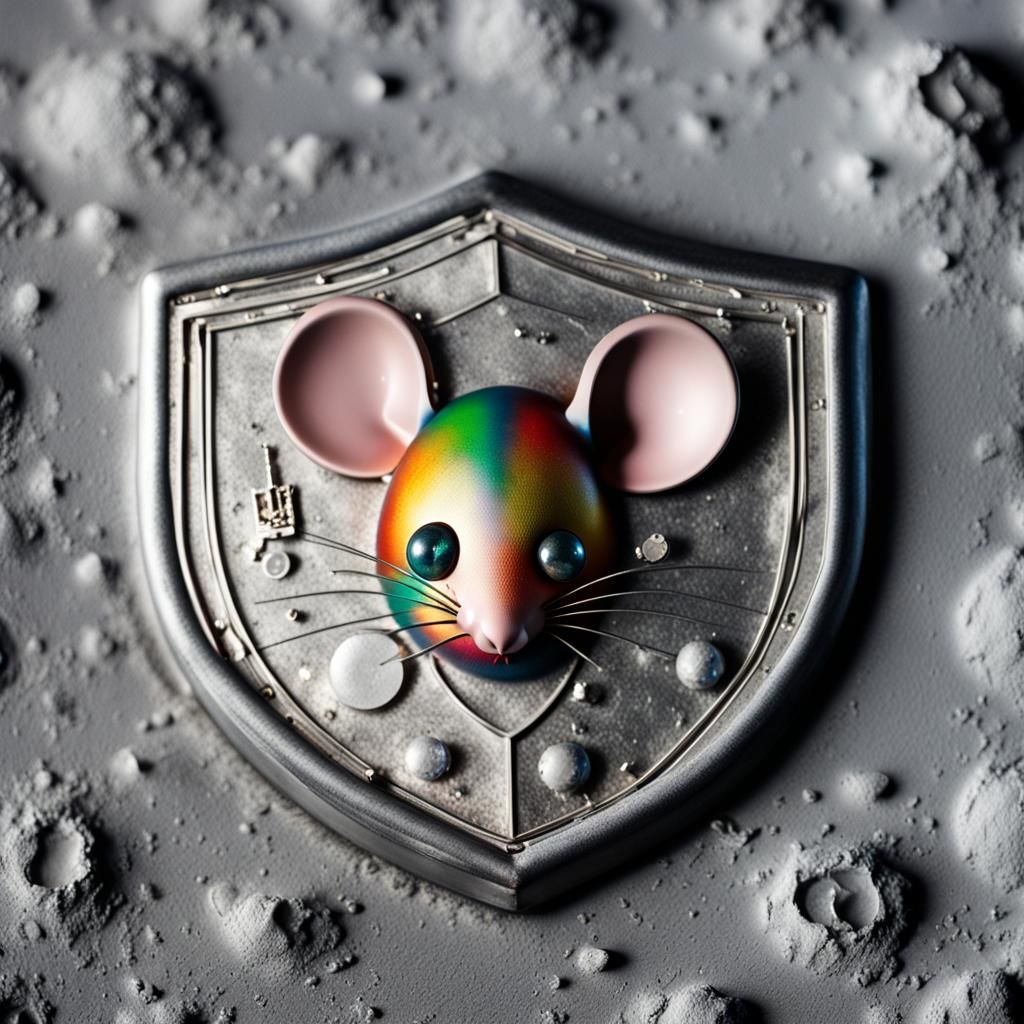 Photograph, Macro, Mouse holding a shield made of Steel on the moon ...