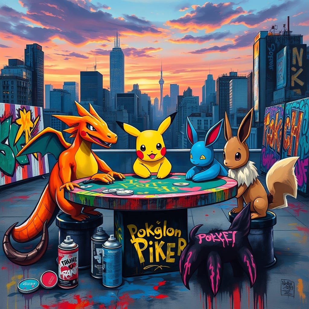 Pikachu, Eevee, and Charizard Play Poker in a Stre... - AI Art