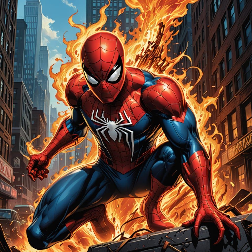 Spider-Man Enveloped in Flames in Gritty Comic Boo... - AI Art
