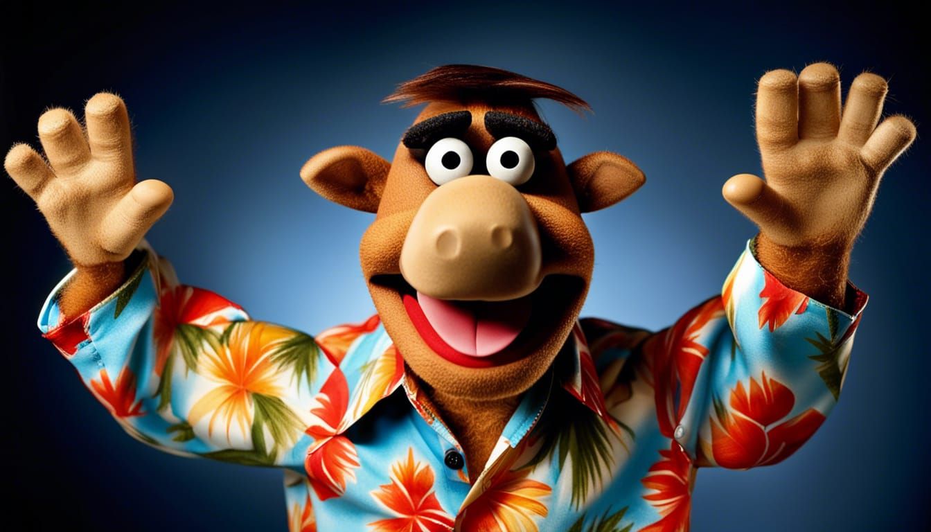 ALF the puppet wearing a Hawaiian shirt, waving at the camera, upper ...
