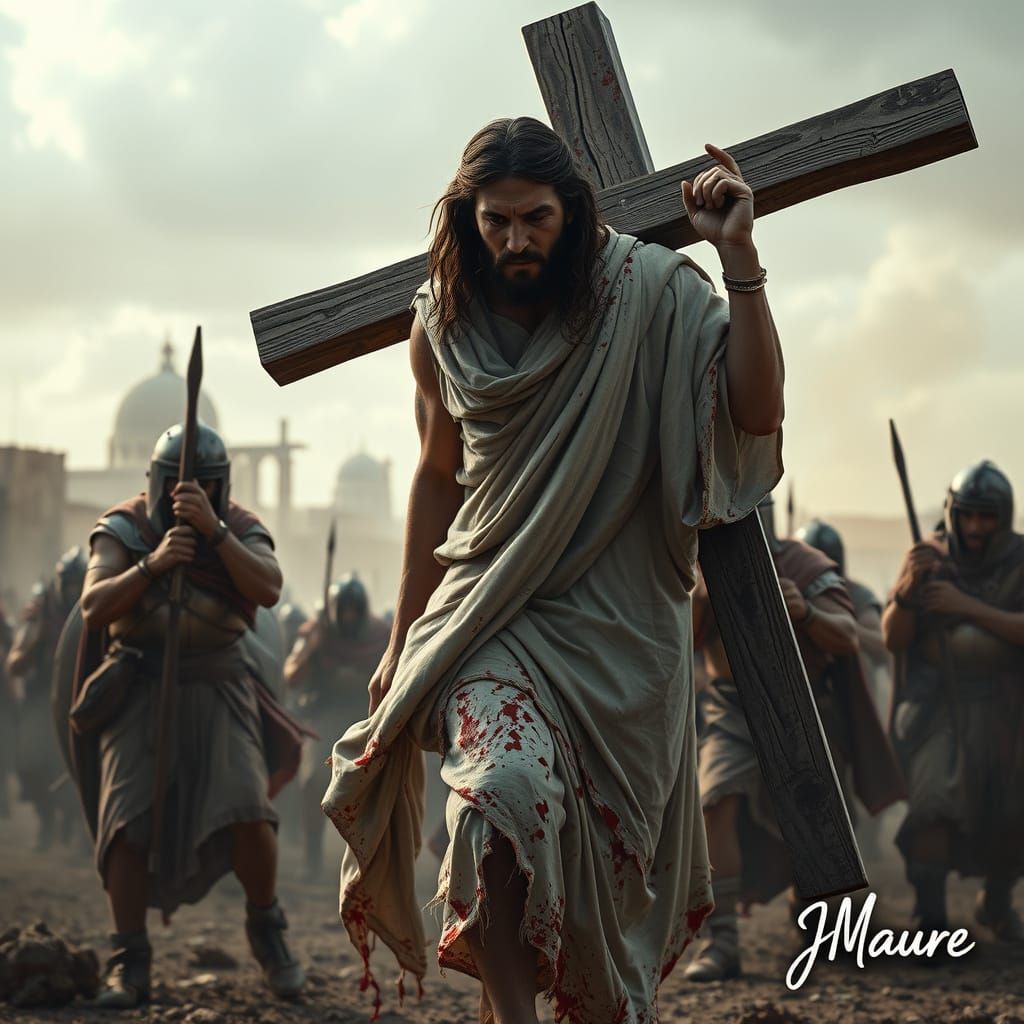 Jesus Crucifixion Scene in Bloody, Tattered Realis... - AI Art