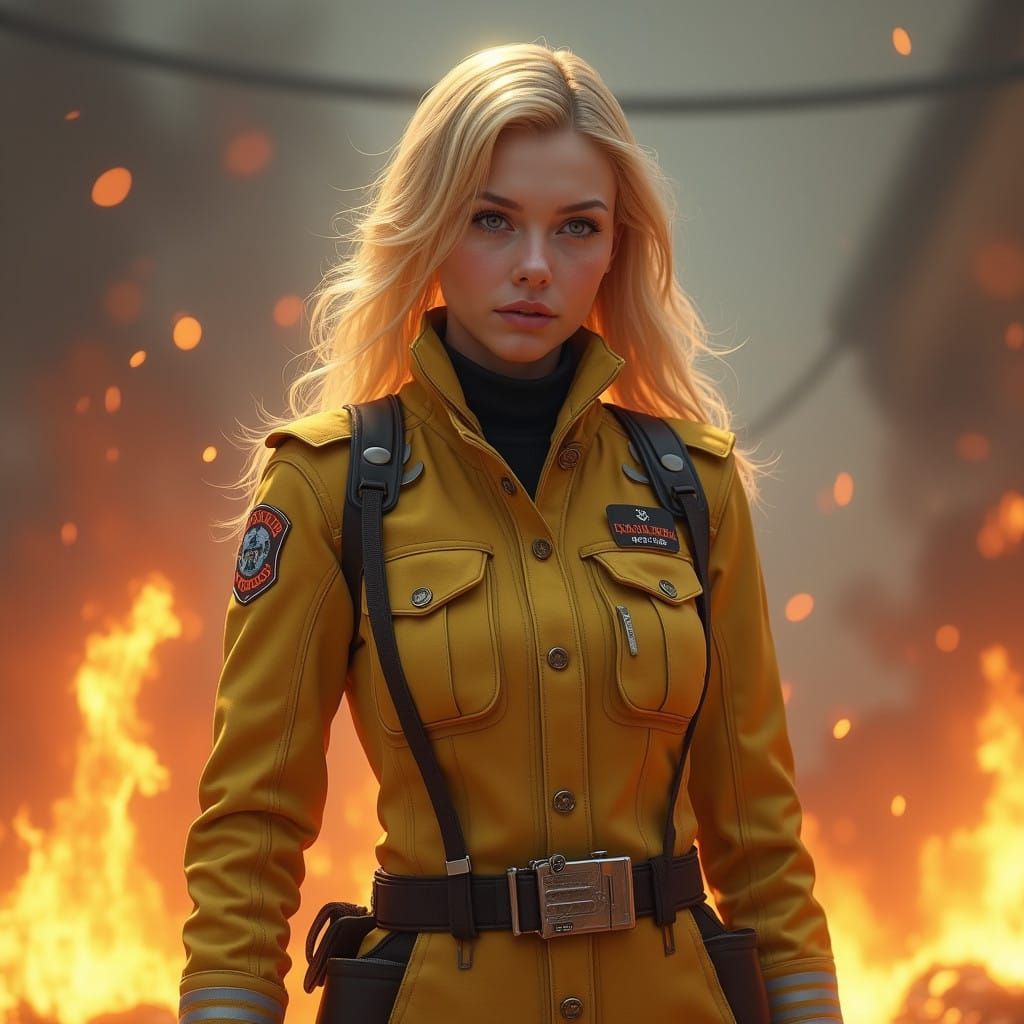 Heroic Blonde Firefighter in Futuristic Realism - AI Art