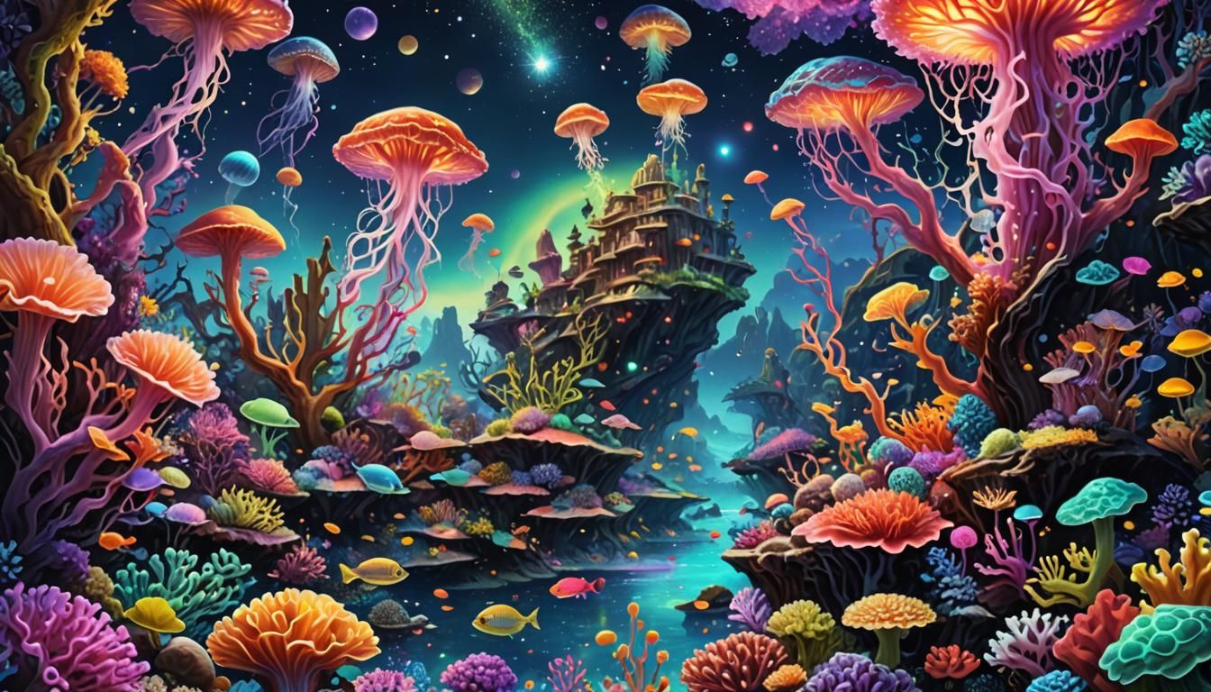 fantasy artwork of a magical colored corral reef in iridescent colors ...